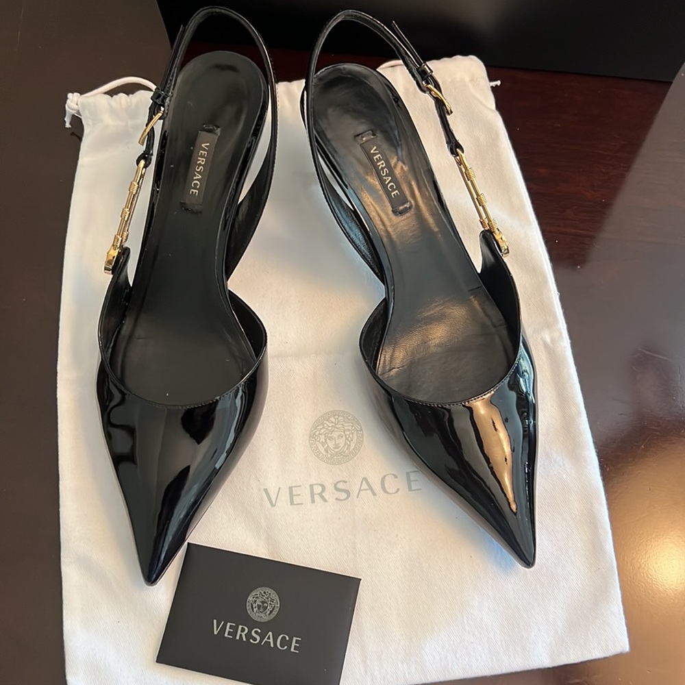 Black Patent Leather Sling Back Versace Shoes Size 40… - Gem